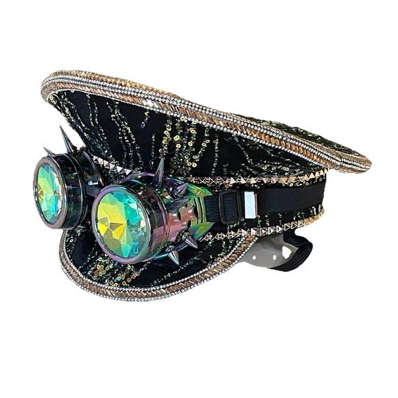 Accessories | Black Steampunk Captain Hat Sequins Goggles Burning Man ...